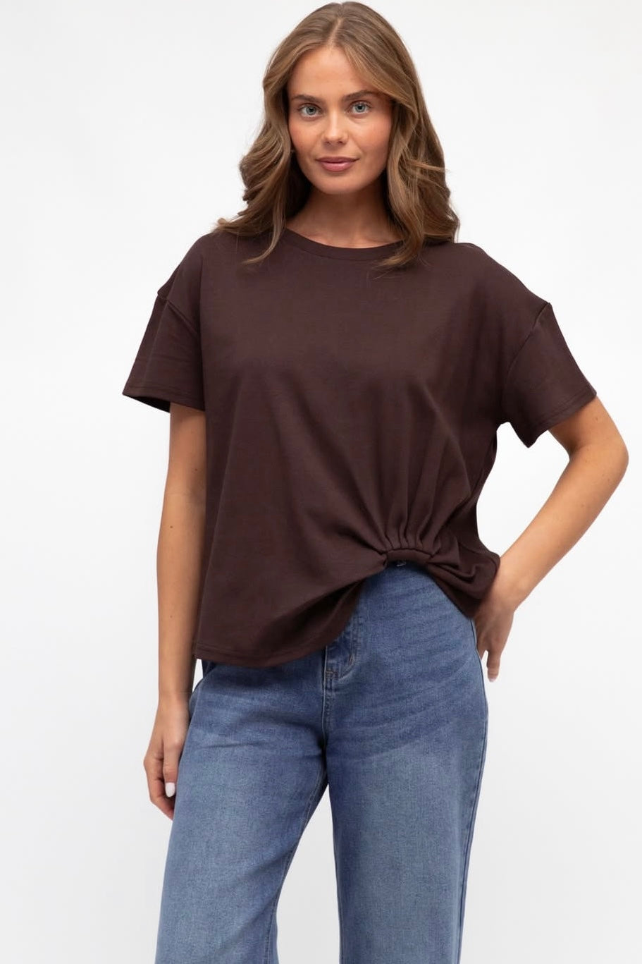 GLORIA TUCK TEE- White, Chocolate, Beige & Navy – Naked by the sea